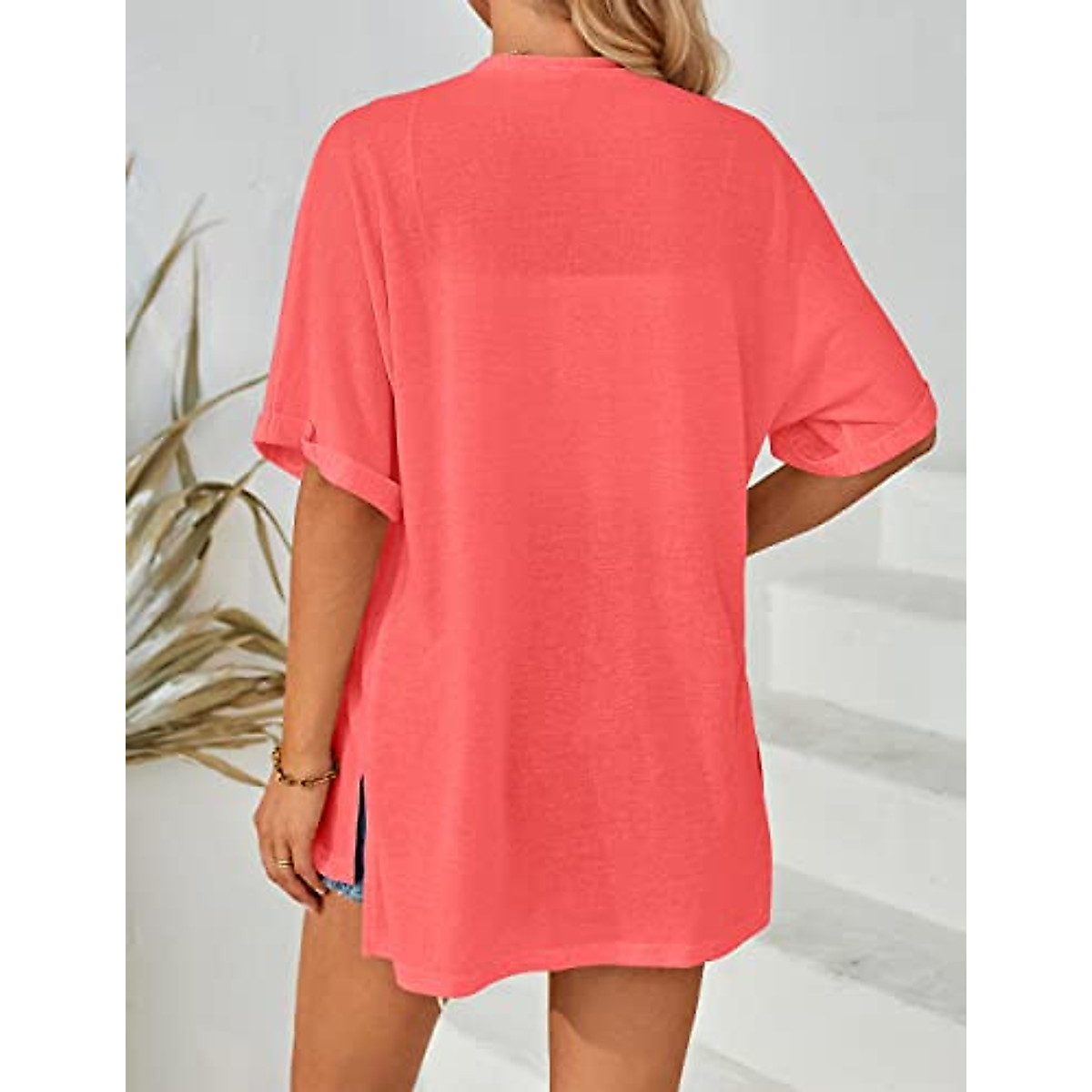 MEROKEETY Womens 2023 Summer Lightweight Cardigan Short Sleeve Open Front Casual Loose Cover Ups,Coral,XXL