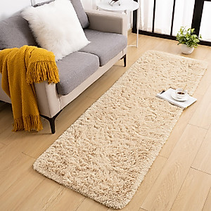 Toneed Fluffy Runner Rug for Bedroom Living Room, 2 x 6 Feet Beige Shaggy Rug Super Soft Modern Indoor Area Rug Fuzzy Plush Carpet for Dorm Nursery Kids Room Home Decorative