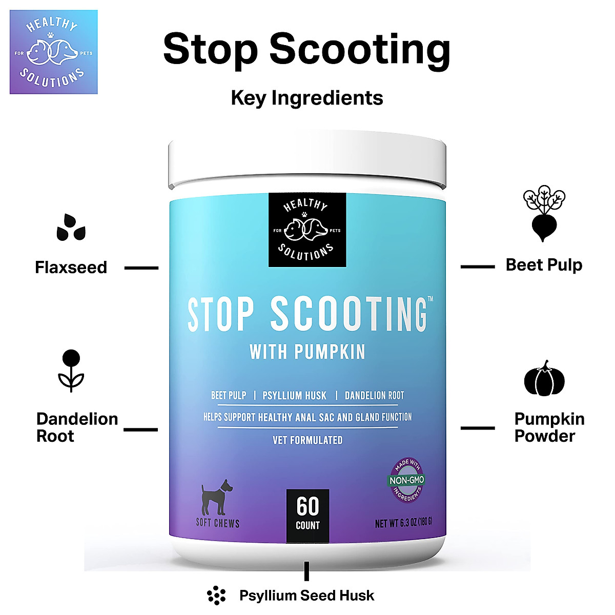 Dog Fiber Soft Chews Supplement - Stop Scooting Digestive Formula Enhanced with Pumpkin, Psyllium Husk, & Beet Pulp - Supports Dogs Healthy Anal Gland, Stool & Constipation - Made in USA, 60 ct