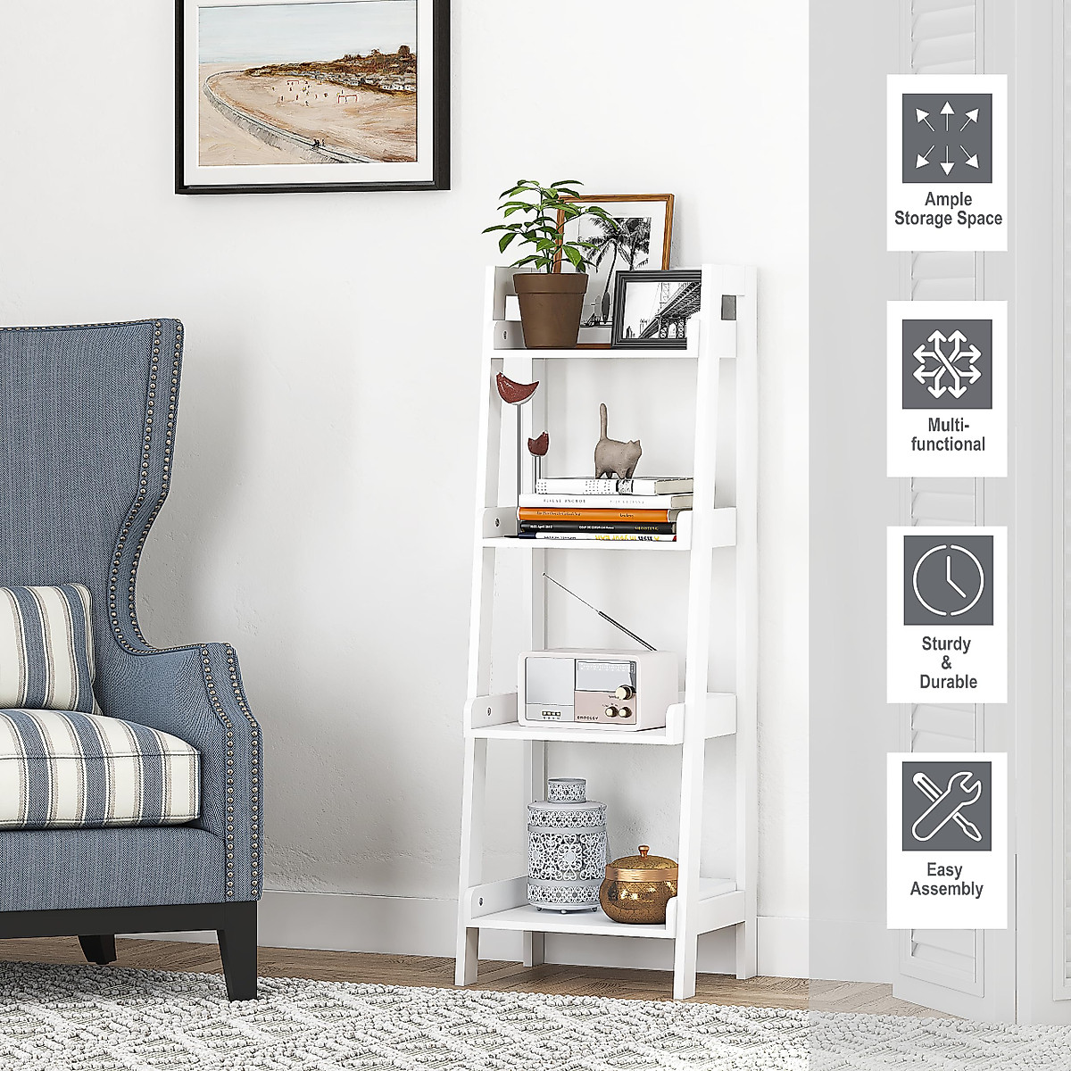 UTEX 4-Tier Ladder Shelf, Bathroom Shelf Freestanding, 4-Shelf Spacesaver Open Wood Shelving Unit, Ladder Shelf (White)