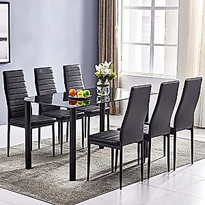YEBDD 6-Seater Dining Table Chair Set Includes 1 Tempered Glass Dining Table + 6 High Backrest Dining Chairs Black