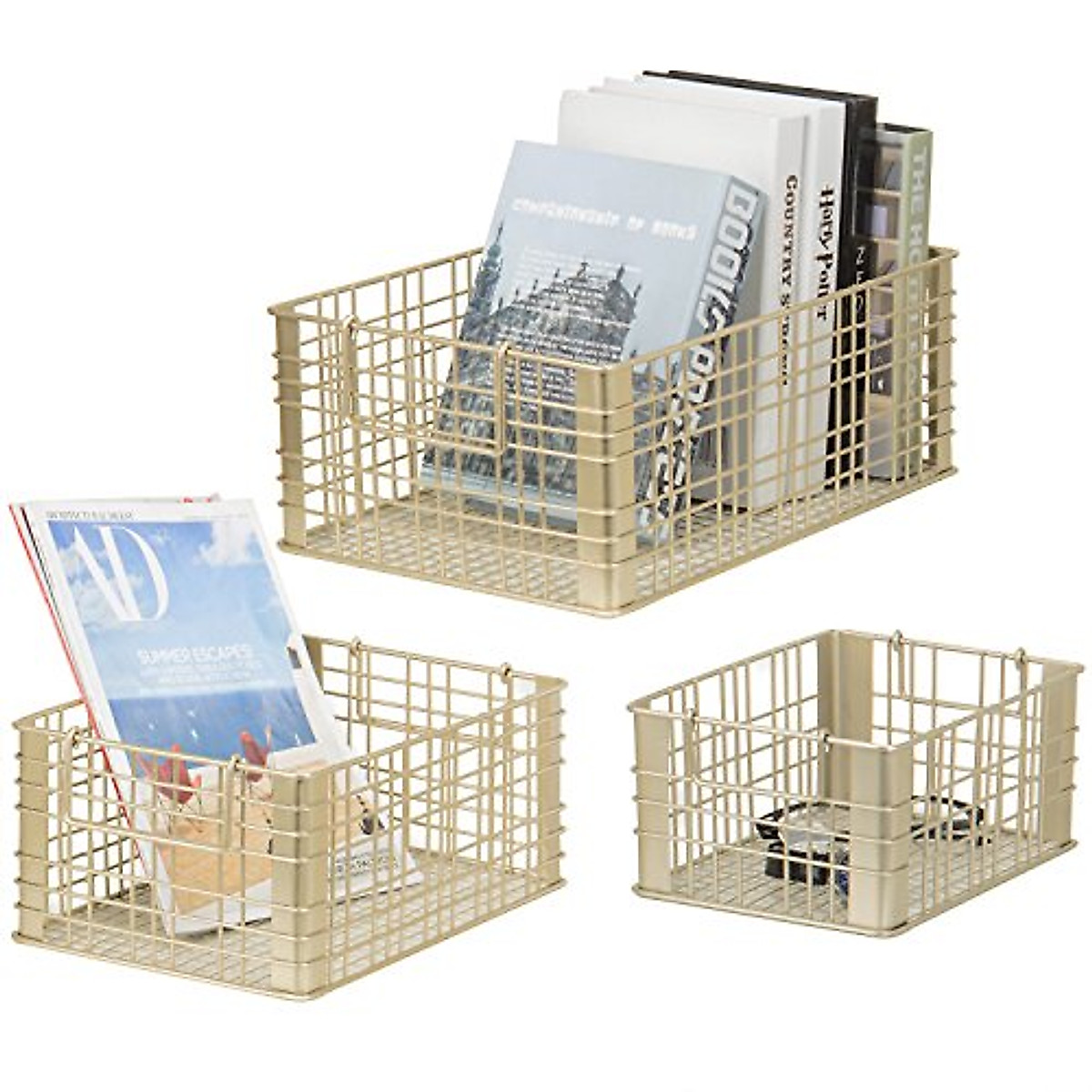 MyGift Gold Wire Small Baskets for Organizing, Nesting Decorative Metal Storage Bin with Handles, Set of 3