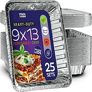 Aluminum Pans with Lids 9x13 Disposable Foil Pans [25-Sets] Heavy-Duty Baking Pans, Half-Size Deep Steam Table Pans with Foil Covers- Tin Foil Pans for Cooking, Baking, Heating, Storing, Food Prepping
