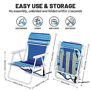 Beach Chairs for Adults 2 Pack, Lightweight Backpack Beach Chair with Shoulder Straps, Low Beach Chair Support 265lbs, Folding Beach Chair for Beach, Camping, Hiking, Picnic, Blue