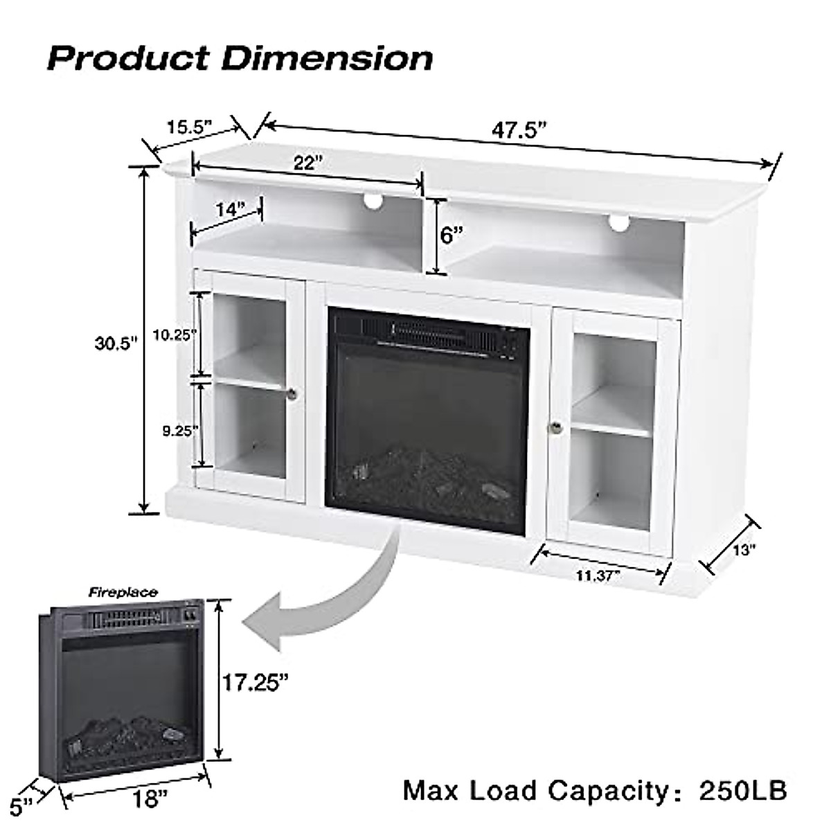 GOOD & GRACIOUS Modern Electric Fireplace TV Stand for 55 Inch TV Living Room Media Entertainment Center with Tempered Glass Storage Cabinet Wood Tall TV Console for Bedroom, 48 Inch,Painting White