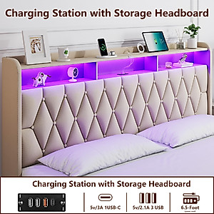 MEIJUJIA King Size Bed Frame with 3 Storage Drawers, Upholstered King Bed Frame with LED Lights Headboard and Charging Station, No Box Spring Needed, Easy Assembly -Beige