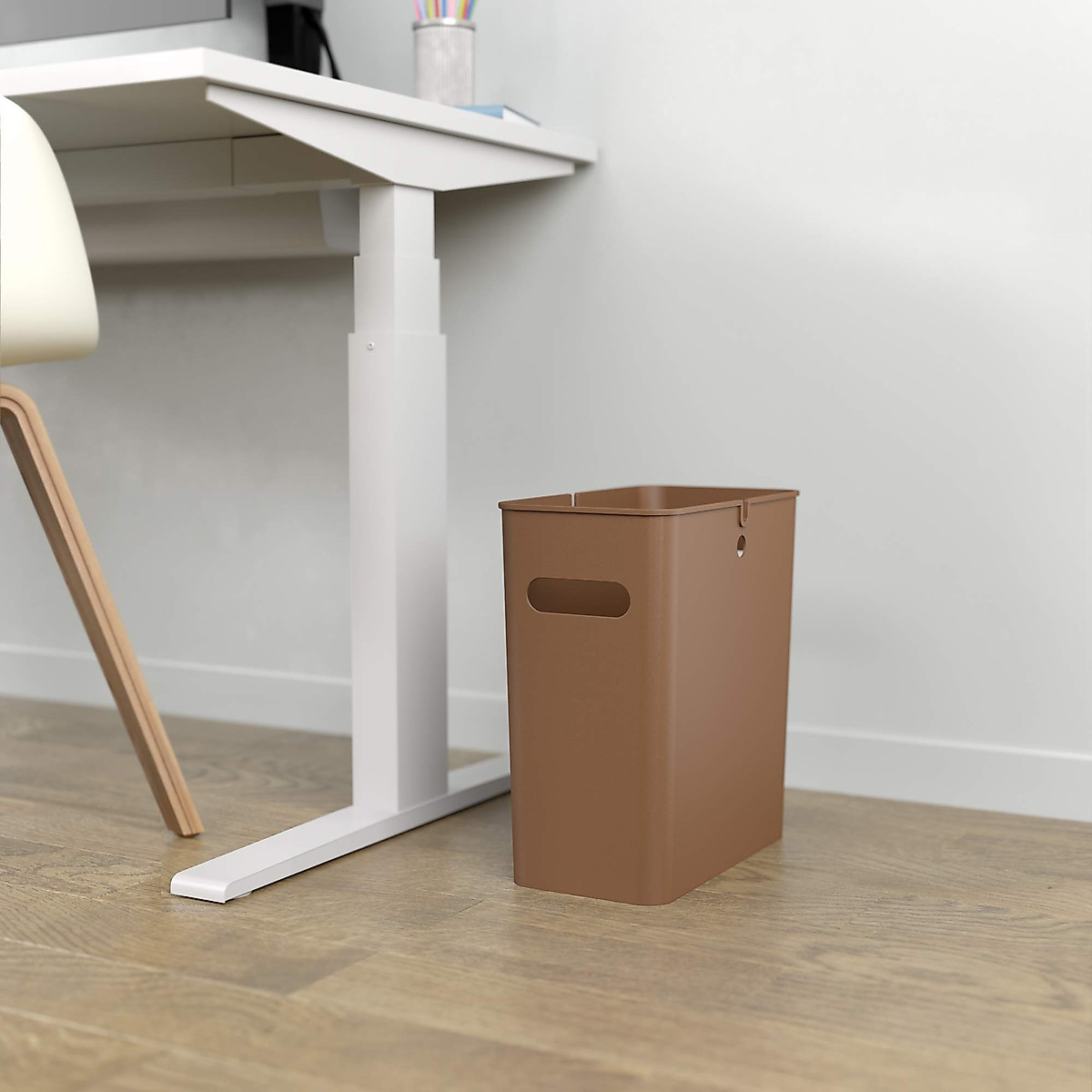 iTouchless SlimGiant 4.2 Gallon Slim Wastebasket with Handles, 16 Liter Plastic Small Trash Can Hanging Garbage Bin Magazine/File Folder Storage Container Home, Office, Bathroom, Kitchen, Toffee Brown