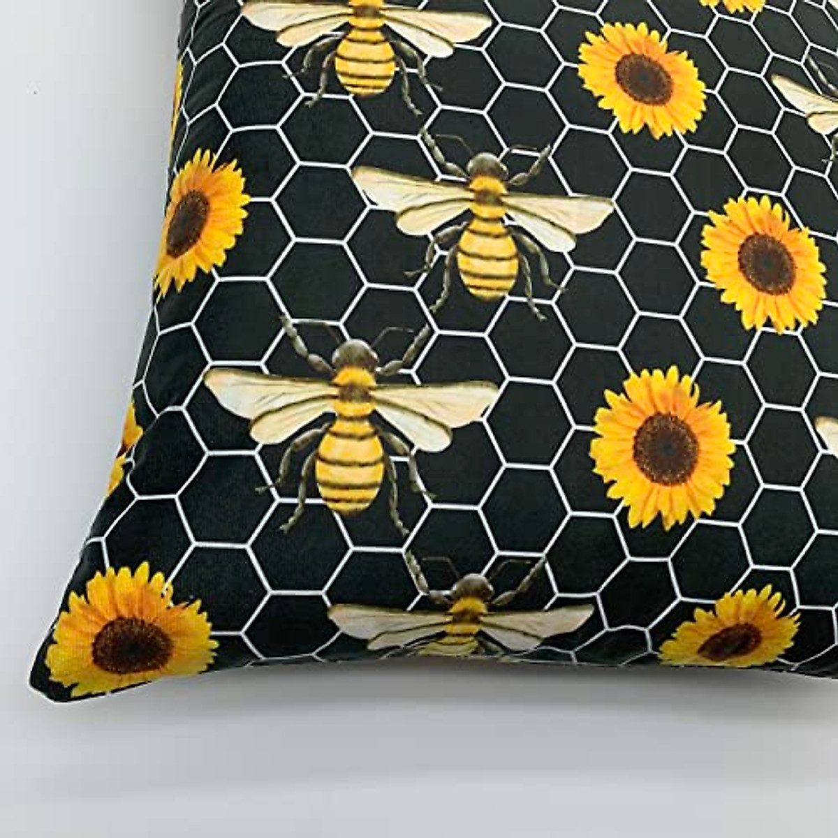 Deco4URLife Sunflower Bee on Black Honeycomb Background Set of 2 Throw Pillow Covers with Hidden Zipper, Square 18X18 inch/45x45 cm Cushion Covers for Outdoor Indoor Decor, Double-Sided Printed