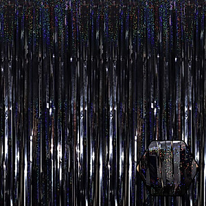 3 Pack Black Foil Fringe Curtain Backdrop, 3.28Ft x 8.2Ft Metallic Tinsel Foil Fringe Streamer Curtains for Photo Booth, Valentine's Day, Birthday, Wedding, New Year Party Decorations