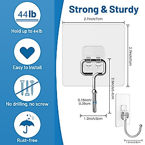 Poprkdre Adhesive Hooks Heavy Duty 44lb(max), Rustproof Adhesive Hooks for Hanging Bag, Coat, Towel etc, Strong Stick on Hooks for Hanging Heavy Duty for Bathroom, Kitchen, Home, 8 Pack
