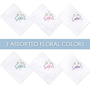 Selected Hanky Women's Cotton Handkerchiefs Flower Embroidered with Lace, Ladies Hankies 6 Pcs - Assorted