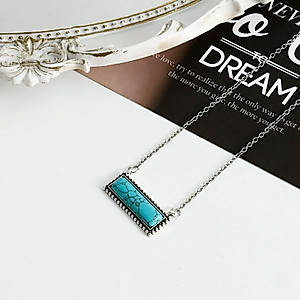 4 Pcs Western Jewelry Set for Women Bohemian Delicate Turquoise Necklace Set Women's Elegant Stainless Steel Vintage Turquoise Jewelry Set Square Boho Pendant Long Choker for Party Womens Accessories