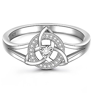 Celtic Knot Ring Sterling Silver Celtic Engagement Knot Rings for Women Cubic Zirconia Triquetra Trinity Wedding Vintage Irish Jewelry Size 7