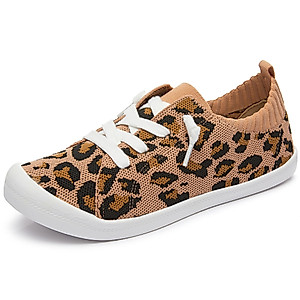 ALTOCIS Women's Knit Slip On Sneakers Ladies Elastic Low Top Flats Lightweight Breathe Mesh Fashion Sneakers Cute Flying Woven Loafers(Leopard US9)