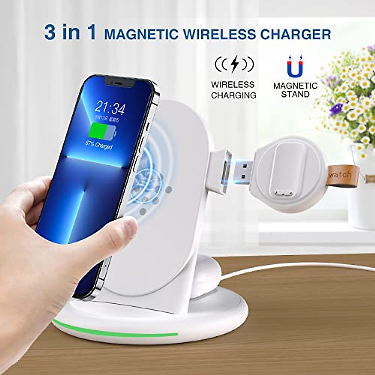 KOJACMUR 3 in 1 Wireless Charger for Fitbit Charge 5/Fitbit Luxe,Wireless Charging Station Compatible for iPhone 14/12 Pro Max/13/11/8, for Samsung Galaxy S22+ S22, for AirPods Pro/3 (White A)