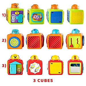 Bambiya Activity Cubes & Stacking Toy Blocks Set of 3 - Baby Blocks for Toddlers w/Animal Theme - Gross & Fine Motor Skills: Slide, Spin, Wiggle, Turn, Stack - Educational 3 Month Old Toys for Babies