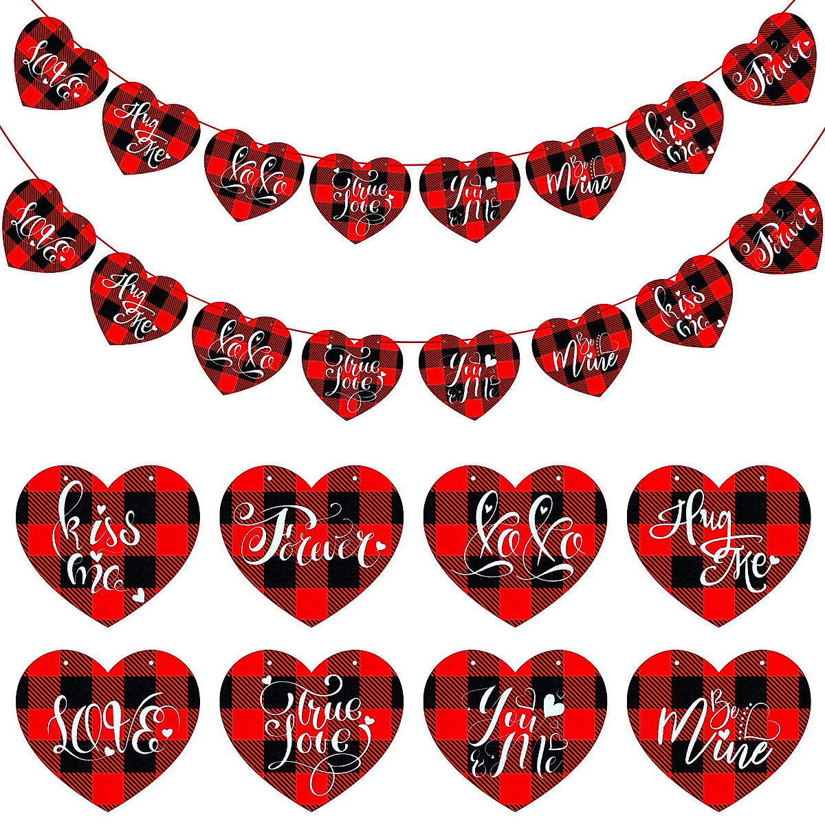 16 Pcs Valentines Heart Garland Decorations Felt 7 Inch Valentines Heart Banner Valentines Gnome Heart Decorations for Wedding Anniversary Romantic Party Favor and Supply (Plaid Heart Style)