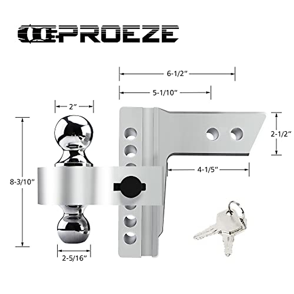 PROEZE Adjustable Trailer Hitch Ball Mount, Fits 2.5-Inch Receiver, 6-Inch Drop/Rise Aluminum Drop Hitch, 18500LBS, 2-Inch and 2-5/16-Inch Balls Equipped with 2 latches with Locks