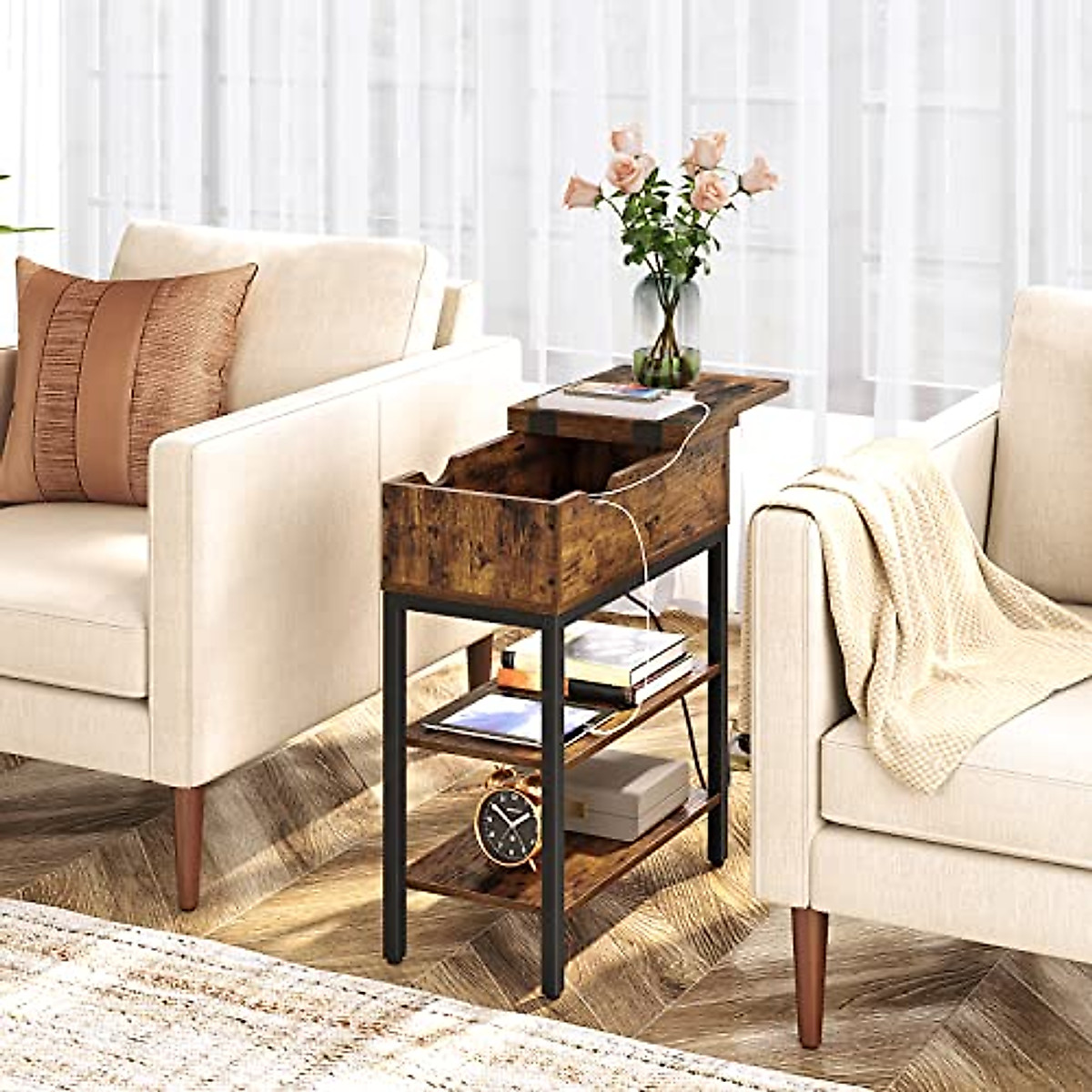 ALLOSWELL Side Table with Charging Station, Narrow Flip Top End Table with USB Ports and Outlets, Nightstand with Storage, Sofa Table for Living Room, Bedroom, Easy Assembly, Rustic Brown ETHR5601