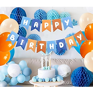 Runhiskii Blue and Orange Birthday Banner, Happy Birthday Banner Blue Orange Party Decorations for Boys, Kids Birthday Decoration Boys’ 1st Birthday Decor
