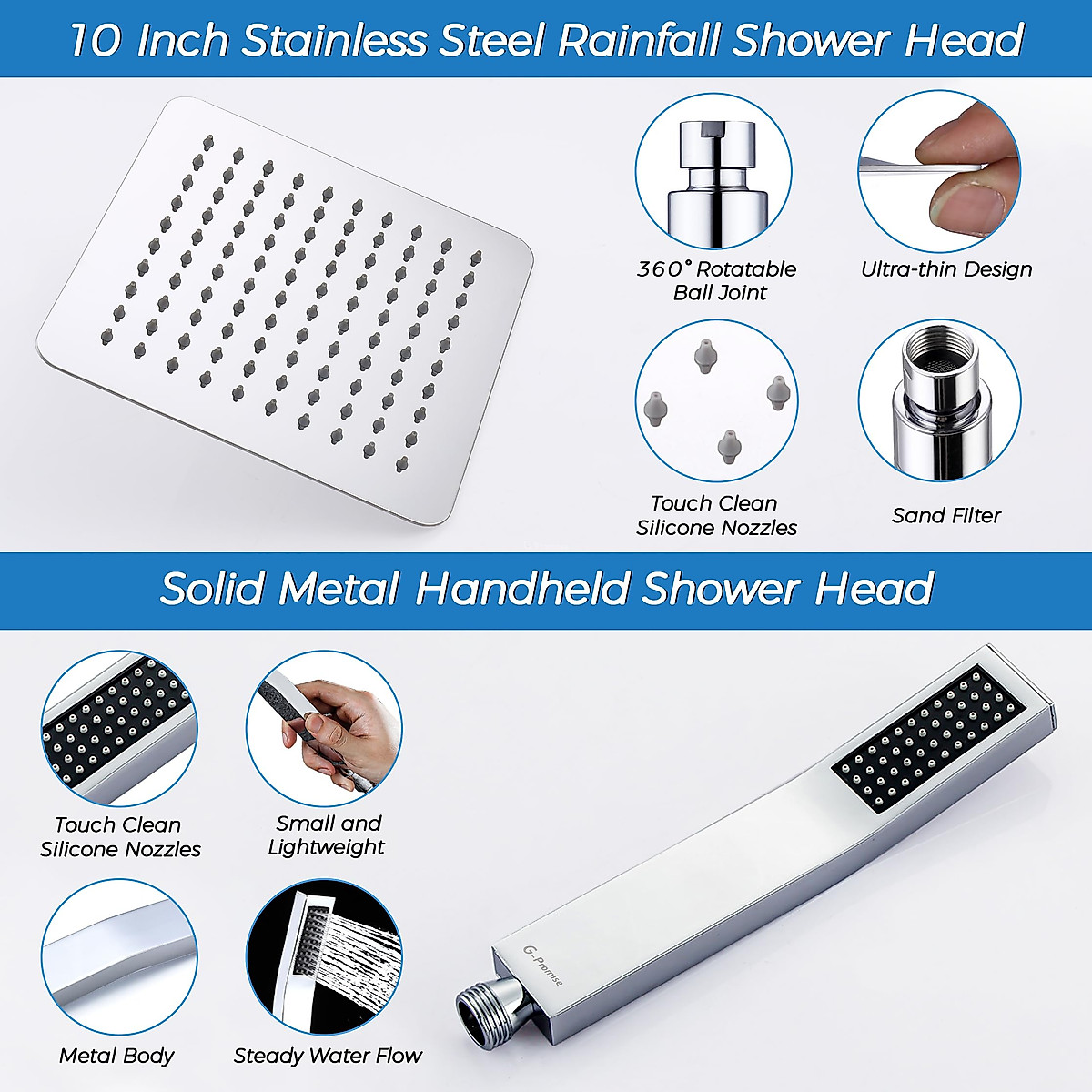 G-Promise All Metal 10 Inch Rainfall Shower Head with Handheld Spray Combo| 3 Settings Diverter|Adjustable Extension Arm with Lock Joints |71 Inches Stainless Steel Hose (chrome)