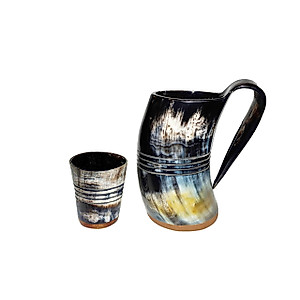 Authentic Handcrafted Buffalo-Horn Viking Drinking Mug With Natural Mango Wood Bottom 16.9 oz (500 ml) |Shot Glass 3" | Burlap Gift Sack | Fenrir Keychain |All Engraved |An Elegant Gift-Set (Polished)