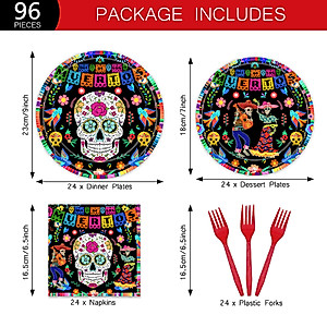 96Pcs Day of The Dead Plates Napkins Mexican Dia DE Los Muertos Party Supplies Tableware Fiesta Sugar Skull Dinnerware for Halloween Party Serve 24 Guests