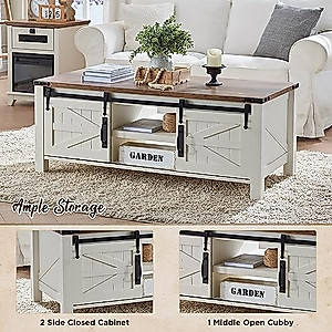 OKD Farmhouse Coffee Table, 48" Storage Center Table with Sliding Barn Doors, Rustic Wood Rectangular Cocktail Table with w/Adjustable Shelves for Living Room, Antique White