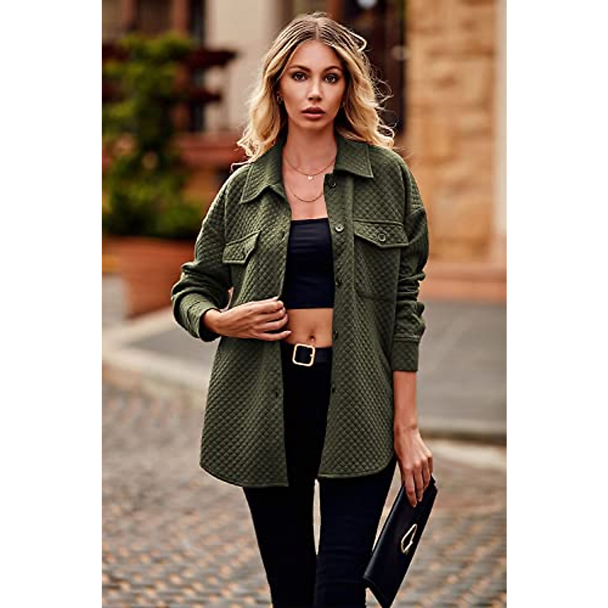 PRETTYGARDEN Women's 2023 Winter Quilted Jackets Lapel Coat Outerwear Casual Long Sleeve Button Down Blouse Shirts Tops (Army Green,Medium)