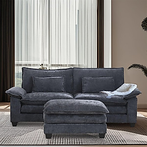 88.97" Living Room Sectional Cloud Couch, Modular Sectional Modern Sofa, 2-Seat Sectionals in Chenille, Loveseat with Ottoman, L Shaped Convertible Sofa Bed with Chaise (Beige Black, 88.97")