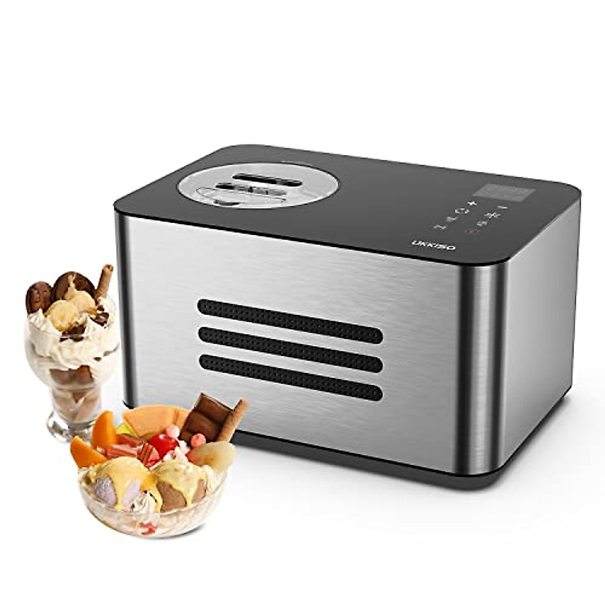 Ice Cream Maker, UKKISO 1.5 Quart Automatic Electronic Gelato Maker with 4 Operation Modes, Built-In Compressor, Portable Homemade Dessert Maker with Spoon, Ice Cream Machine for Home