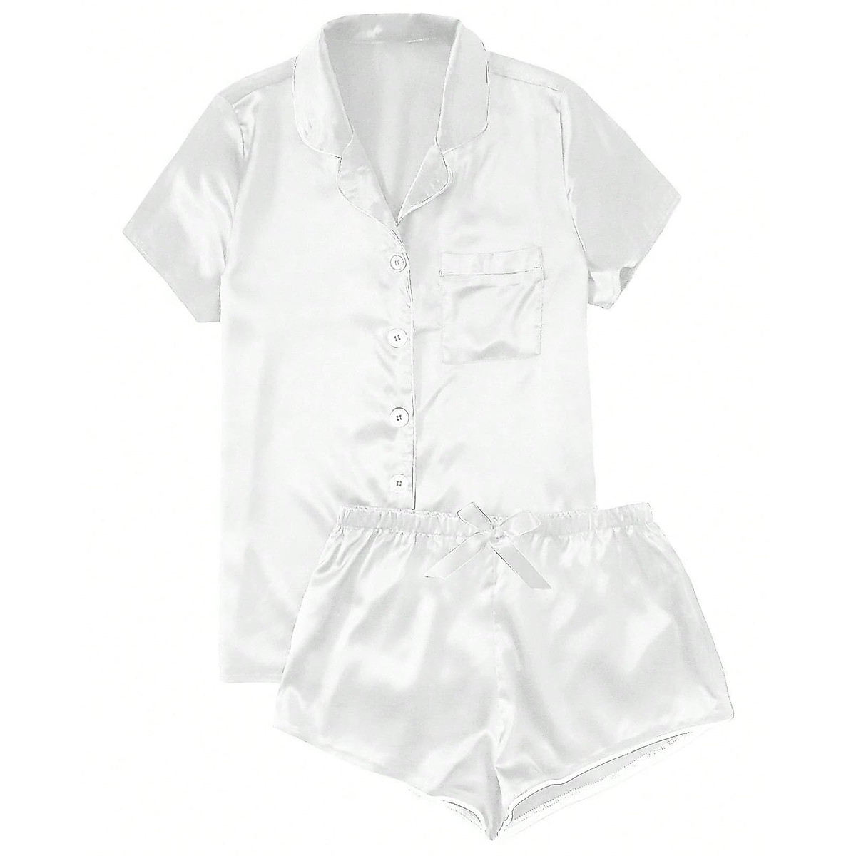 Womens 2 Piece Satin Pajama Sets Short Sleeve Button Down Shirt and Shorts Silk Sleepwear Solid Color Loungewear