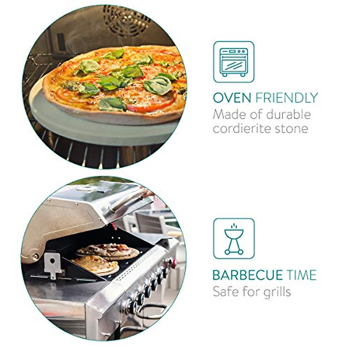 Navaris 14 Inch Round Cordierite Pizza Stone - XXL Baking Stone for BBQ Grill Oven for Homemade Crispy Crust Pizza, Bread, Cheese - Incl. Recipe Book