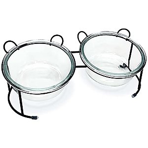 BNOSDM Elevated Cat Bowls, Glass Raised Pet Bowl, 12° Tilted Double Dishes Set for Food and Water, Transparent Kitty Feeding Station with Gold Iron Stand for Indoor and Outdoor Kitten