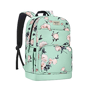 MOSISO 15.6-16 inch Laptop Backpack for Women, Polyester Anti-Theft Stylish Casual Daypack Bag with Luggage Strap & USB Charging Port, Camellia Travel Backpack, Green