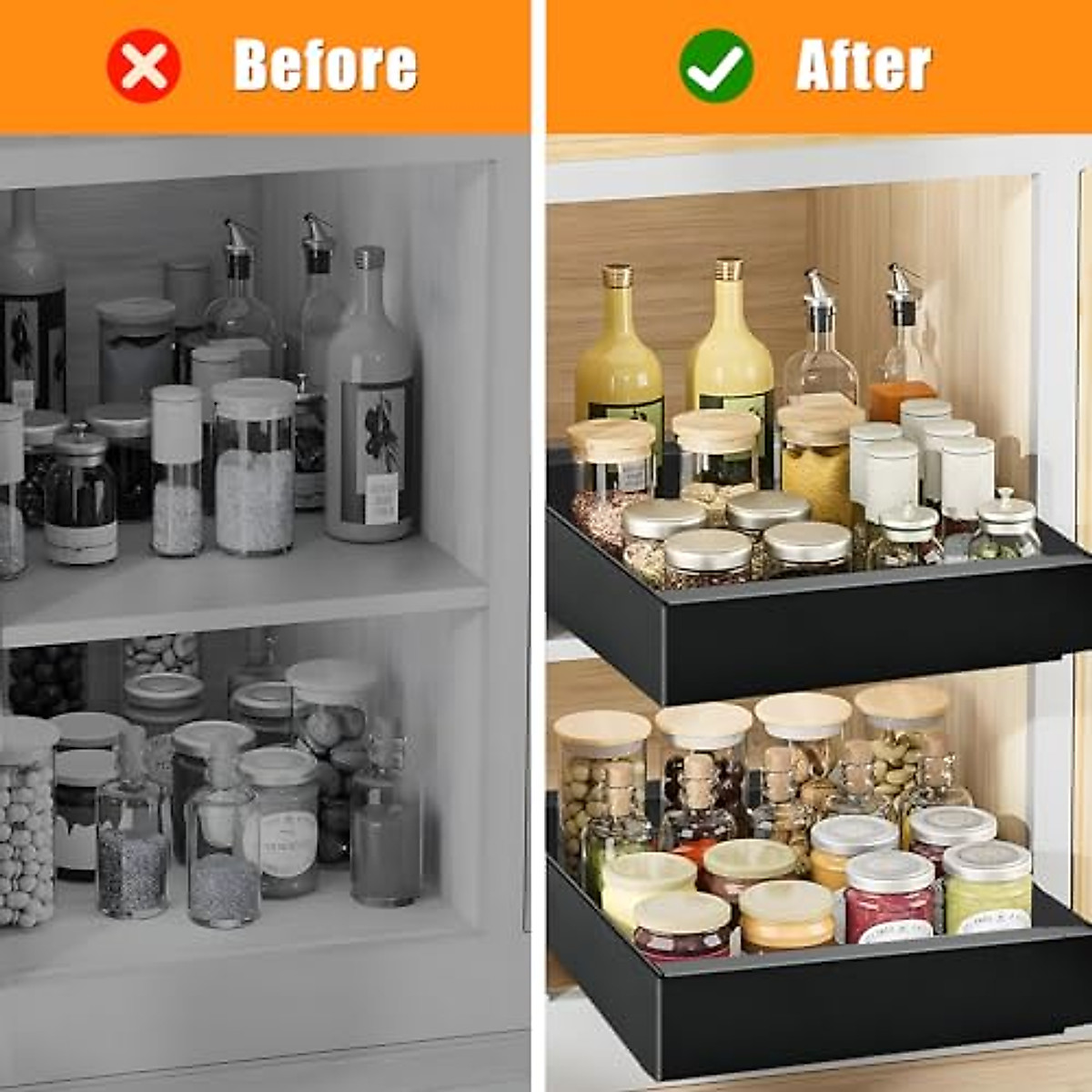 2 Pcs Pull Out Cabinet Organizer, Expandable(12.4"-20.5") Pull Out Drawers for Cabinets Slide Out Drawers for Kitchen Cabinets with Adhesive Nano Film Mounting Adjustable for Kitchen, Pantry (Black)