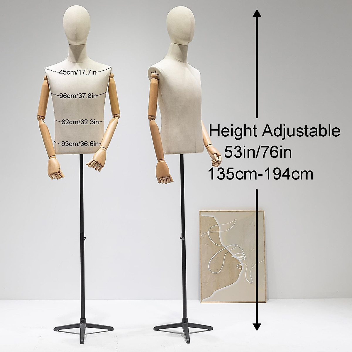 Male Mannequin Torso with Head, Dress Form Male 53"~76" Height Adjustable Body with Tripod Metal Stand, Sewing Mens Mannequin with Detachable Flexible Solid Wood for Store Display