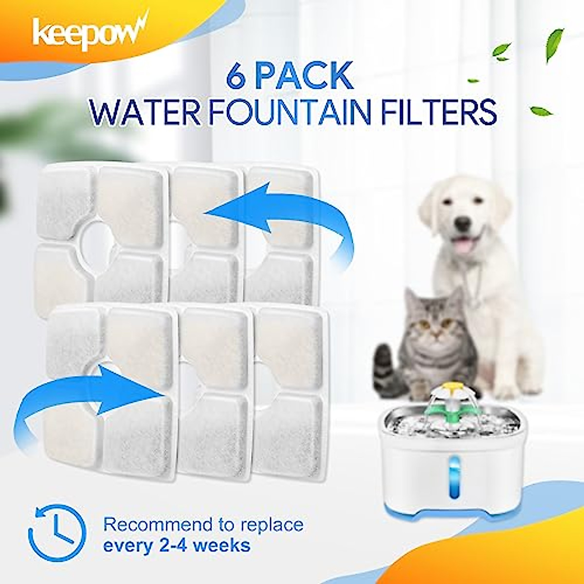 KEEPOW Cat Fountain Filter, 6 Pack Pet Filter Replacement for 84oz/2.5L Square Cat Fountain Dog Water Dispenser, Triple Filtration System