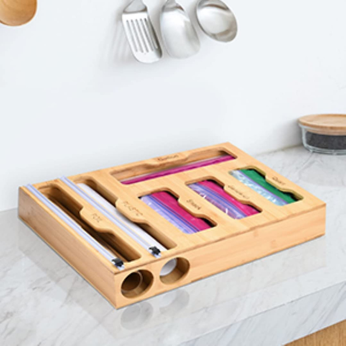 Bamboo Ziplock Bag Organizer - Foil and Plastic Wrap organizer with cutter - Holds up to 12” rolls - Baggie Organizer for Gallon, Quart, Sandwich, Snack Bags - Kitchen Organization - Drawer organizer