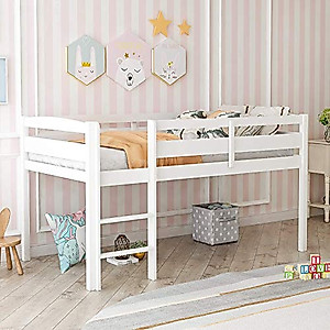 Merax LUMISOL Junior's Low Loft Bed for Kids, Twin Loft Bed with Guard Raill and Built-in Ladder, Bed Bedroom Furniture (White)