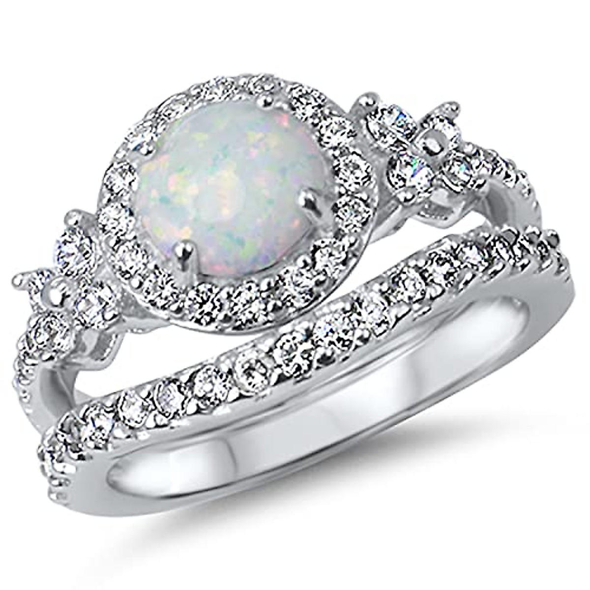 LaRaso & Co His Hers TRIO Wedding Set Titanium Band Sterling Silver White Opal Bridal Engagement Ring Set Him Her 9/6