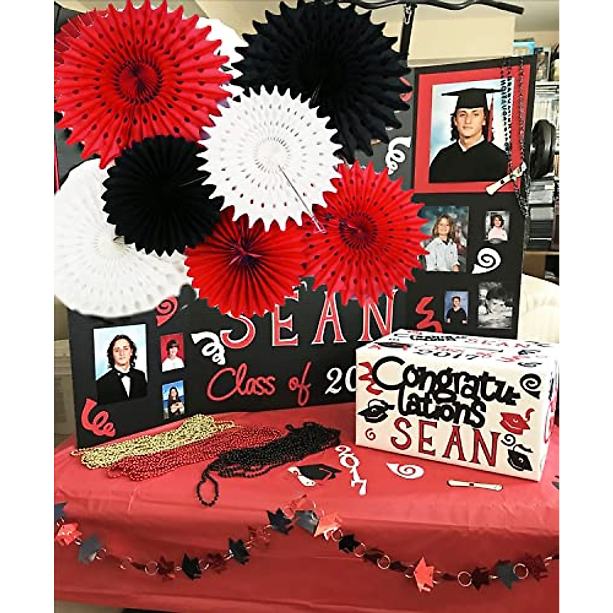 Graduation Decorations Black and Red 2023 White Red Black Qian's Party Mickey Mouse Party Supplies Tissue Paper Fans for Minnie Mouse Birthday Decorations Red Black Birthday Party Decorations