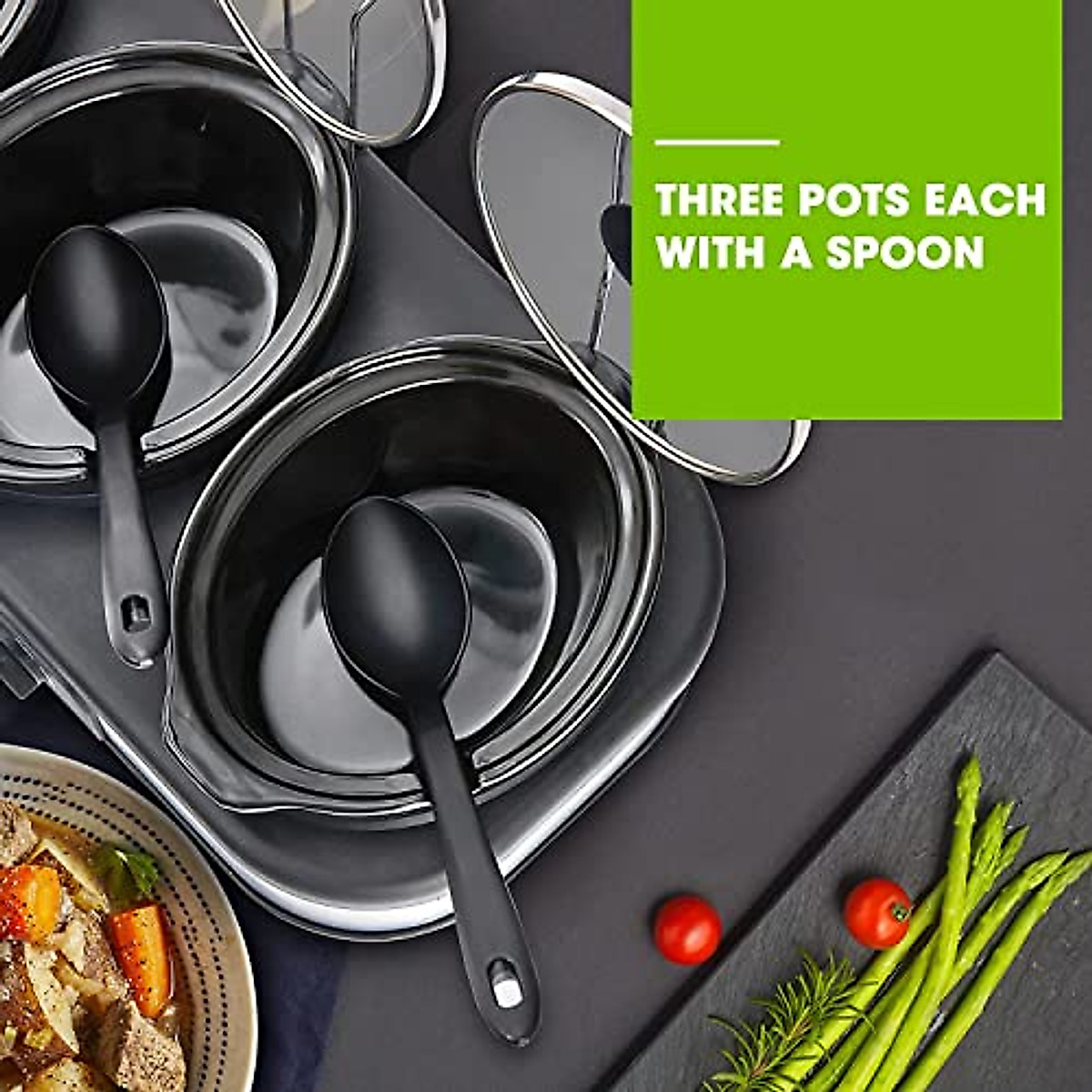 Sunvivi Triple Slow Cooker with 3 Spoons, 3 Pot Crock Food Warmers for Parties Buffet Server, Mini Slow Cooker Pot for Dips, Perfect for Parties, Entertaining & Holidays