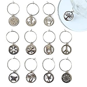 LEFERS Wine Glass Charms Markers Tags Idenitfication,Stainless Steel Wine Charms for Stem Glasses Christmas Thanksgiving Birthday Wine Party Decorations 12 pieces (Round)