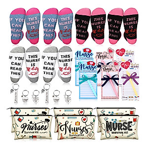 Jiuguva 36 Pcs Nursing Appreciation Gifts Nurses Week Gifts in Bulk Nurse Survival Kit Christmas Gifts for Nurses Notepad for Nurses Socks Nursing Makeup Bags Nursing Keychains for Holiday