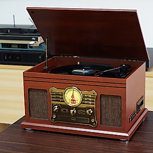 3-Speed Bluetooth Turntable with Stereo Speakers, CD/Cassette Player, FM Radio and Wireless Music Streaming - Mahogany
