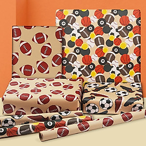 AircooL Sports Gift Wrapping Paper, 9 Sheets Rugby Basketball Tennis Baseball Football Kraft Wrapping Paper, 20x28 Inches per Sheet Birthday Paper for Men Boys