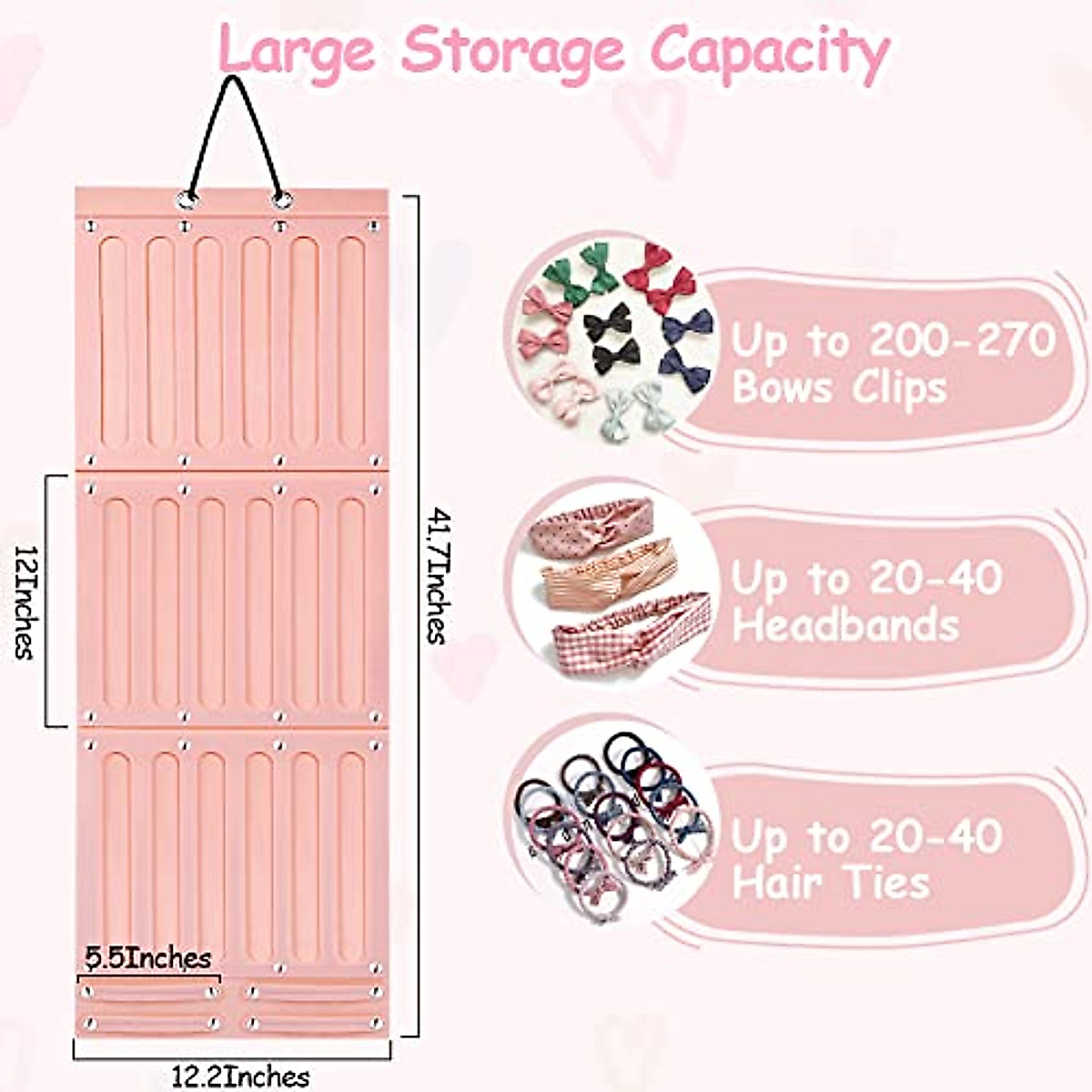 Globalstore Baby Hair Accessories Storage, Bow Holder Baby Headband Holder Organizer Hanging Hair Clips Storage Hanger with 21 Detachable Felt Ribbons for Baby Girl Hair Ties, Soft Pink