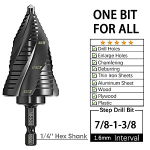 Step Drill Bit M35 Cobalt Four Helical Flutes 1/4" Hex Shank Drill 1/8"-1/2 (13 Sizes) for Working Metal, Wood, Aluminum, Plastic, Great for DIYers