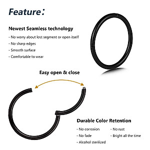 16G Black Stainless Steel 6-12mm Segment Hinged Cartilage Earrings - 4pc Clicker Hoop Set, Unisex Piercing Rings - Mothers Day Gifts